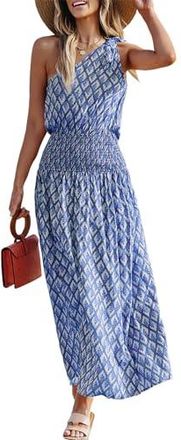 Cupshe Robe maxi décontractée pour femme, asymétrique, sans manches, style bohème, longue smockée, imprimé floral, robe trapèze à nouer soi-même, motif flora