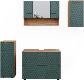 Vicco Badm&ouml;bel-Set Gr&uuml;n/Goldkraft Eiche Irma, bestehend aus Bad Spiegelschrank, Waschbeckenunterschrank, Midischrank, H&auml;ngeschrank - Versteckter Stauraum hi