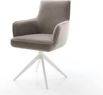 DELIFE Drehstuhl Heira-Flex mit Armlehnen Strukturstoff Soft Taupe Kreuzgestell breit Wei&szlig; 360&deg; drehbar Wippfunktion Taschenfederkern, Esszimmerst&uuml;hle