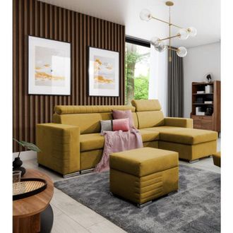 Fun M&ouml;bel Ecksofa Schlafsofa inkl. Hocker canton Stoff Camelia Senfgelb Ottomane Rechts