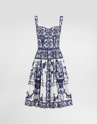 Dolce & Gabbana Bustier-midikleid Aus Popeline Majolika-print - Frau Kleider Blau Baumwolle 48