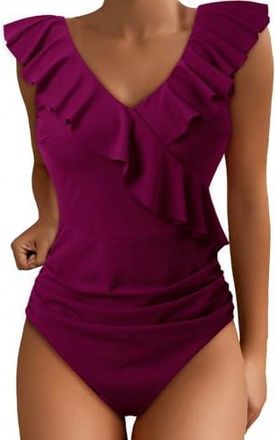 Generic Maillot De Bain 1 Pieces Femme Taille Haute Maillots de Bain Minceur Mignon Volants col en V Maillots de Bain (RD2, L)