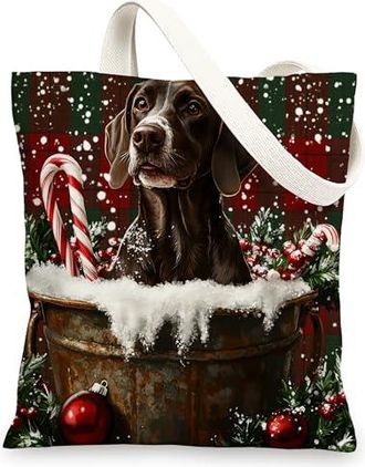 Generic Sac fourre-tout en toile &agrave; poils courts de No&euml;l pour faire du shopping, 33 x 38,1 cm, sac &agrave; bandouli&egrave;re r&eacute;utilisable pour femme, peinture de chien, d&eacute;