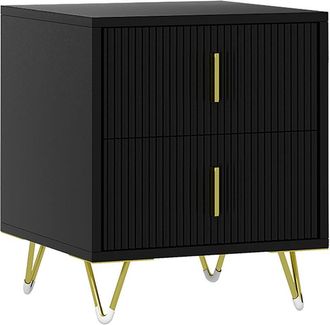 HOMCOM Chevet table de nuit 2 tiroirs style art déco effet cannelé métal doré noir