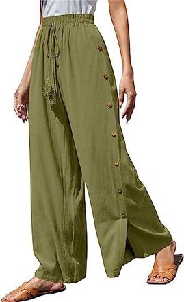 Generic Pantalon boh&egrave;me avec boutons sur le c&ocirc;t&eacute; pour femme - Taille haute - Cordon de serrage - Jambe fendue fluide - Vacances - Plage - Yoga - Pour les voya