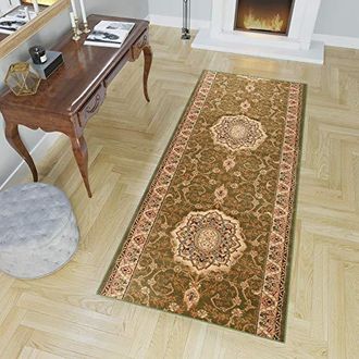 Tapiso Yesemek Tapis de Couloir Long Entr&eacute;e Salon Chambre Bureau Design Oriental Traditionnel Vert Beige Motif Rosace Ornamental Floral Bord&eacute; Poil Court Doux