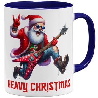 OM3 Heavy Christmas Kaffee-Tasse Lustige Weihnachtstasse f&uuml;r Rocker & Heavy Metal Fans - Santa und E-Gitarre - Keramik Becher - 325ml - Beidseitig Bedruck