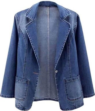Generic Blazer en jean pour femme - Blazer bleu marine pour femme grande taille - Cardigan dété long décontracté avec poches - Veste en jean surdimensionnée -