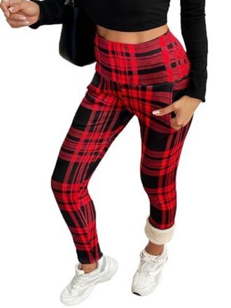 ORANDESIGNE Legging Polaire Femme Hiver Chaud Legging Thermique Leggings Doubl&eacute; Polaire Leggings Imprim&eacute;s Fourr&eacute; A Rouge L