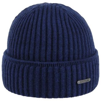 Stetson Parkman M&uuml;tze Strickm&uuml;tze Umschlagm&uuml;tze Rippm&uuml;tze Damen Herren Made in EU Herbst Winter 100% Merinowolle saphirblau One Size