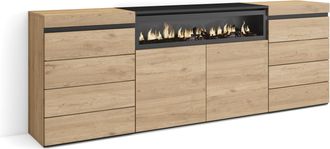 Skraut Home | Kommode mit Schubladen | Aufbewahrungsschrank | 214x75x35 cm | Für Schlafzimmer, Zimmer | Elektrokamin. | Moderner Stil | Eiche