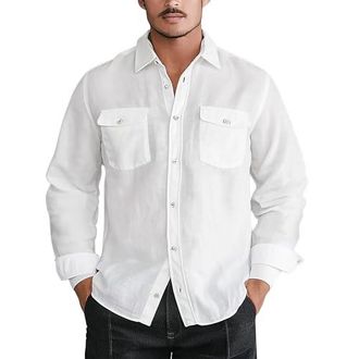 Generic Chemise d&eacute;t&eacute; en coton et lin pour homme avec poches en coton et lin - Chemise d&eacute;contract&eacute;e blanche &agrave; manches longues - Couleur unie - Col de chemise d