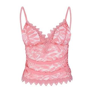 Generic Haut en dentelle pour femme - &Eacute;l&eacute;gant - Festif - Bretelles spaghetti - Col en V - D&eacute;bardeur basique - Col en V - Camisole - Coupe ajust&eacute;e - Sans manch