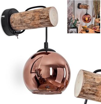 HOFSTEIN Wandleuchte Koyoto, Wandlampe aus Holz/Metall/Glas in Schwarz/Natur/Kupferfarben, Leuchte im Retro/Vintage-Design mit Schirm aus Glas (&Oslash; 15cm) u. An/-