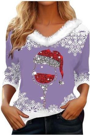 Generic Sweat-shirt de Noël imprimé flocon de neige pour femme, col en V en fourrure, manches 3/4, pulls fantaisie de Noël, pulls de vacances, pulls décontrac