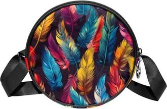 Generic Petit sac &agrave; bandouli&egrave;re rond pour femme, motif plumes psych&eacute;d&eacute;liques avec fermeture &eacute;clair, bretelles r&eacute;glables, style d&eacute;contract&eacute;, pour femmes et fil