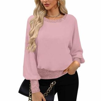 Generic Haut &agrave; paillettes pour femme - Haut &eacute;l&eacute;gant avec d&eacute;tails scintillants - Manches bouffantes scintillantes - Col rond - Pour bureau, soir&eacute;e, f&ecirc;te, occas