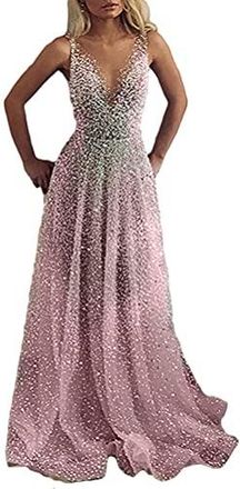 Minetom Femme Élégante Col V Robe à Paillettes sans Manches Longue Maxi Robe de Soirée Mariage Cocktail Demoiselle dhonneur B Rose XS