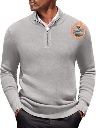 Coofandy Pull &agrave; Col Montagne et Fermeture &Eacute;clair Quart de Longueur pour Homme Pull Tricot&eacute; Doubl&eacute; Pullover dhiver Pulls Chauds pour Le Travail Gris Clair L