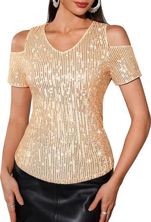 Dresstells Pailletten Oberteil Damen Glitzer Bluse Gold Damenbluse Elegant Festliche Karneval Party Disco Outfit Champagne XL