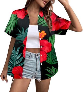 Generic Chemises hawa&iuml;ennes tendance &agrave; manches courtes boutonn&eacute;es pour femme - Chemise d&eacute;t&eacute; hawa&iuml;enne avec palmier - Graphique tropical amusant - Golf d&eacute;contr