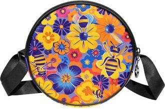 Generic Sac &agrave; bandouli&egrave;re rond pour femme, motif abeille, petit sac &agrave; bandouli&egrave;re avec fermeture &eacute;clair, bretelles r&eacute;glables, sac &agrave; main rond d&eacute;contract&eacute; pour