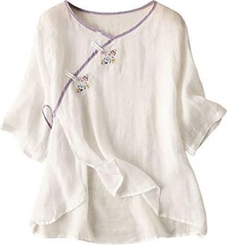 Generic Vimoli Chemisier Femme Vintage Style Ethnique Broderie Imprim&eacute; Floral Haut &agrave; Manches Courtes D&Eacute;t&eacute; D&eacute;contract&eacute;e Col en V Boutons Tunique Top T-Shirt Ch