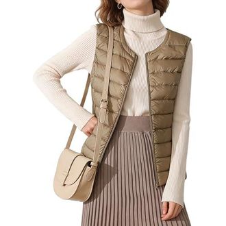 Generic Gilet dhiver pour femme grande taille, l&eacute;ger, sans col, court, matelass&eacute;, zipp&eacute;, pliable, marron, taille 3XL