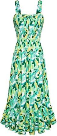 Grace Karin Robe longue dété à bretelles florales pour femme, col carré, ourlet double couche, smocké, Motif jaune et vert, M