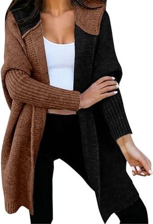 Generic Pull à capuche pour femme ouvert sur le devant à manches longues en tricot avec blocs de couleurs, Café noir, XL