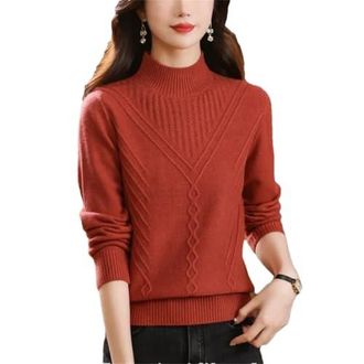 Generic Pull tricoté en cachemire à col roulé à manches longues pour femme, Rouge, M