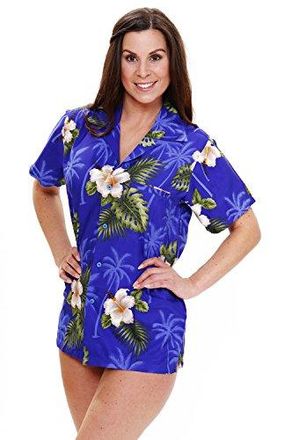 V.H.O. Kameha Original King Kameha Chemisier funky hawaïen pour femme XS à 6XL Manches courtes Poche avant Imprimé hawaïen Petites feuilles de fleurs Bleu fo