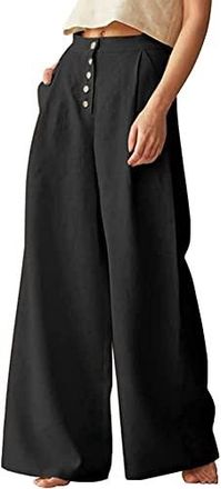 Lazutom Pantalon Palazzo d&eacute;t&eacute; d&eacute;contract&eacute; en coton et lin avec poches pour femme, Noir, 48