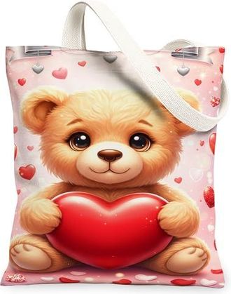 Generic Sac fourre-tout en toile avec motif ours mignon, adorable motif coeur, sacs &agrave; provisions r&eacute;utilisables, pour la Saint-Valentin, l&eacute;gers et lavables, p&ecirc;