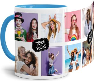 Tassendruck Foto-Tasse zum selbst gestalten mit Foto-Collage für 10 Wunschfotos - Geschenk für Familie, Freunde, Geburtstag, Weihnachten - Keramik Innen & Henkel 