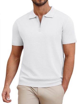 Coofandy Herren Poloshirt mit Reißverschluss Kurzarm Zip Polo T-Shirts Sommer Strick Polohemd Golf Shirt Weiß XXL