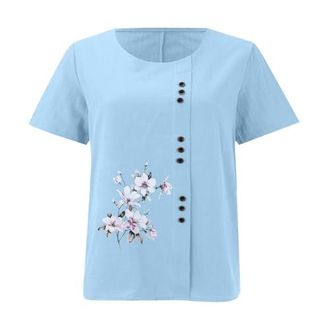 Generic Haut ample d&eacute;contract&eacute; &agrave; manches courtes et col rond en lin pour femme, chemisier d&eacute;t&eacute; &agrave; motif floral pour la plage, les vacances et les voyages, bleu