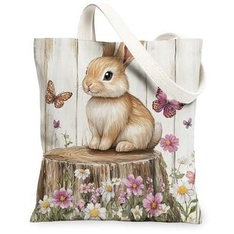 Generic Sac fourre-tout en toile avec lapin printanier pour le shopping 33 x 38,1 cm, sac d&eacute;picerie r&eacute;utilisable pour femme, peinture de voyage, d&eacute;coration ca