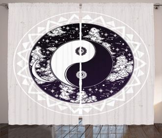 Abakuhaus Zen Rustikaler Gardine, Ying Yang Boho Kunst, Schlafzimmer Kräuselband Vorhang mit Schlaufen und Haken, 280 x 245 cm, Schwarz Beige