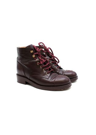 Chanel CC Embroidered Burgundy Lace Up Ankle Boots Size 37