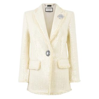 Philipp Plein Femme, Vestes, Blanc, Taille: 40 FR Blazer Coupe Boyfriend en Tweed &agrave; Paillettes