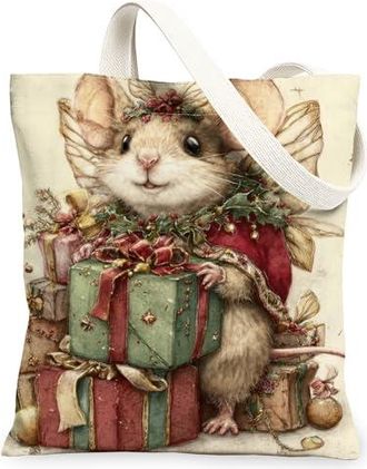 Generic Sacs fourre-tout en toile motif souris de No&euml;l, motifs danimaux mignons, sacs d&eacute;picerie l&eacute;gers et lavables, sacs d&eacute;picerie vintage floraux r&eacute;utilisabl