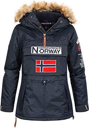 Geographical Norway Parka Passe-tête Demi-Zip pour Femme, Capuche avec Fourrure synthétique détachable, modèle Bridget, Marine, L,Taille 3