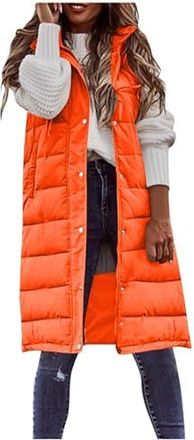 Generic Gilet bouffant long et léger sans manches matelassé pour femme, veste dextérieur décontractée à capuche avec fermeture éclair, manteaux dhiver chauds,