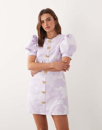 Sister Jane Sister Jane - Exclusivit&eacute; - Anemone - Robe courte en jacquard &agrave; manches bouffantes et col rond - Lilas doux fleuri-Rose