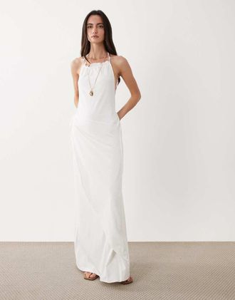SNDYS Robe longue en coton m&eacute;lang&eacute; &agrave; dos nu &eacute;chancr&eacute; avec d&eacute;tail drap&eacute; sur le c&ocirc;t&eacute; - Blanc cass&eacute;