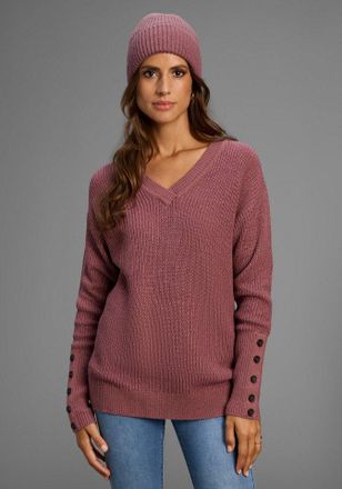 Laura Scott V-Ausschnitt-Pullover &Uuml;bergangspullover aus Baumwolle mit Knopfleiste - NEUE KOLLEKTION