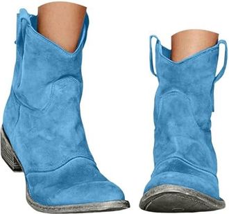 Generic Bottes de cowboy pour femme - Talon bas en daim - Bout rond - Bout rond - Bottes courtes - Bottines de cowboy occidentales en daim pour femme - À enfi