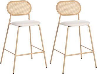 Beliani Lot de 2 Chaises de Bar en M&eacute;tal Dossier en Rotin Rembourr&eacute;s Tabourets de Comptoir Bois Clair Adaver