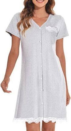 Heekpek Chemise de Nuit Femme Nuisette Coton Manches Courtes Robe de Nuit Bouton Ouvert Devant Dentelle V&ecirc;tements de Nuit, Gris, Taille XL